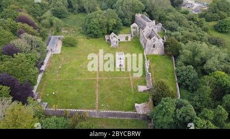 Aerial view of Lamphey Bishops's Palace ruines, Lamphey, Pembrokeshire ...