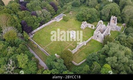 Aerial view of Lamphey Bishops's Palace ruines, Lamphey, Pembrokeshire ...