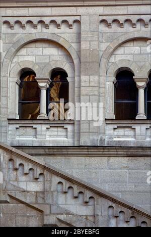 The front facade of Neuschwanstein Castle in the Allgäu region in ...