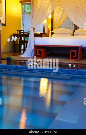 Beach beds for rest at the pool Stock Photo - Alamy