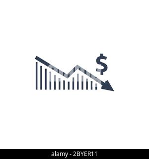 dollar decrease icon. Money symbol with arrow stretching rising drop fall down. Business cost ...