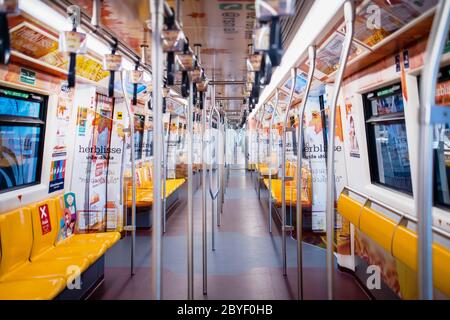 BANGKOK, THAILAND - APR 11: Inside BTS Skytrain with empty seats on ...
