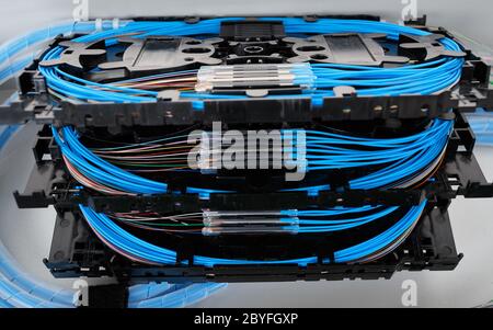 stack of fiber optic splice cassettes with protection sleeve and blue ...