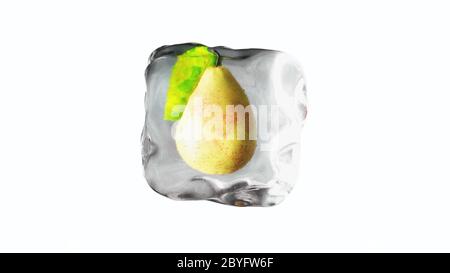 Pear frozen in ice cube, 3D rendering isolated on white background ...