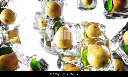 Pear in ice cubes. Food and broadcast concept. Realistic ice materials ...