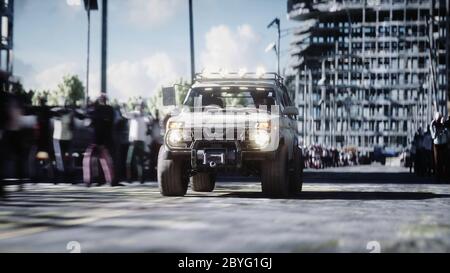 the car goes away from the chase crowd zombies. Destroyed city. Fast ...