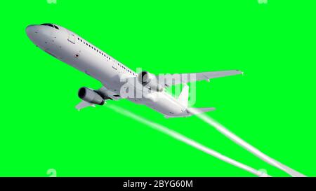 Passenger flying Plane . Isolate green screen. . A condensation trail ...