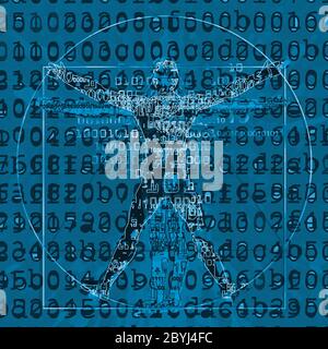 Vitruvian man with binary code, modern variation on the famous symbol. Stylized drawing of ...
