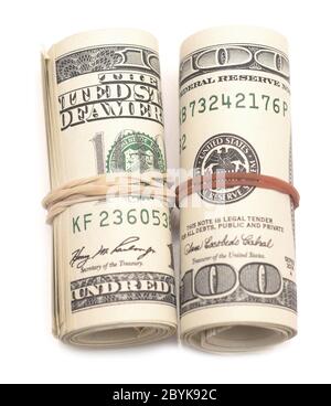 Rolls of 100 one hundred dollar banknote currency cash money old and ...