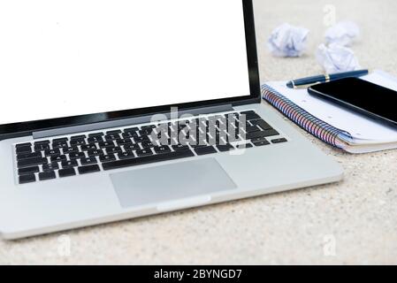 crumpled paper, notebook, computer and pencil Stock Photo - Alamy