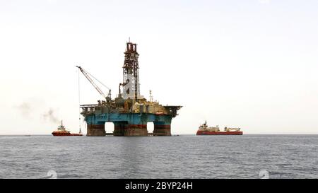 The anchors of the semi-sub oil rig Ocean Nomad are lifted by the ...