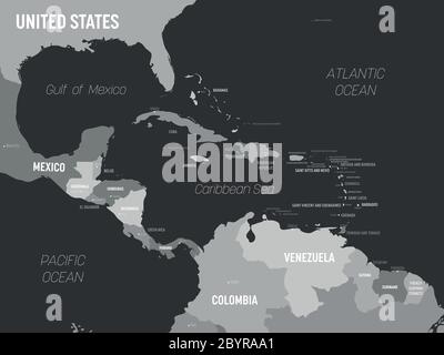 Americas map - grey colored on dark background. High detailed political ...
