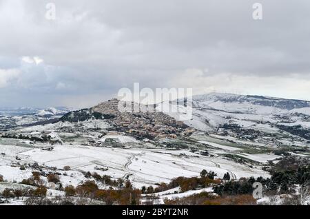 Winter landscape with snow over Gangi and Geraci Siculo in the ...