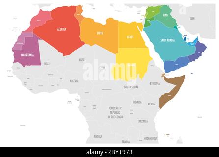 Arab World states political map with colorfully higlighted 22 arabic ...