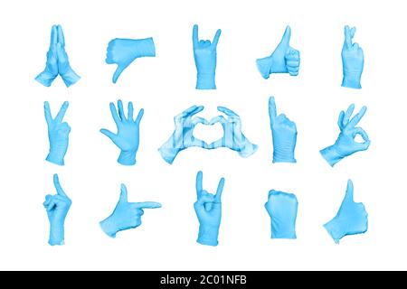 Set of hand or signs gestures in blue disposable latex surgical gloves ...