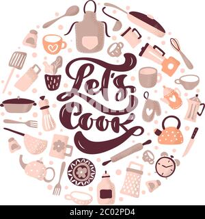 Lets Cook calligraphy lettering vector cooking text with cutlery for ...