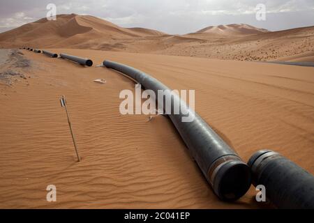 A line of pipes positioned ready for welding for an oil company in the ...