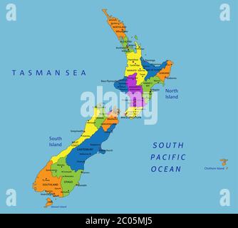 Colorful New Zealand political map with clearly labeled, separated ...