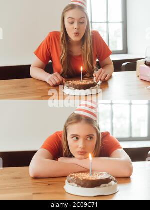 Upset displeased girl at her birthday party holding a cake and ...