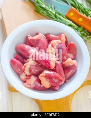 Chicken hearts in board isolated on white background. Raw meal Stock ...