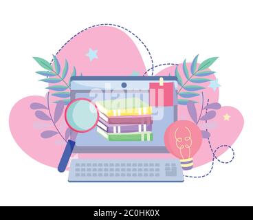 education online, student girl with magnifier computer study lesson ...
