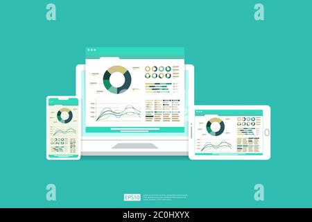Web statistics analytic charts on Computer screen icon set. Flat vector ...