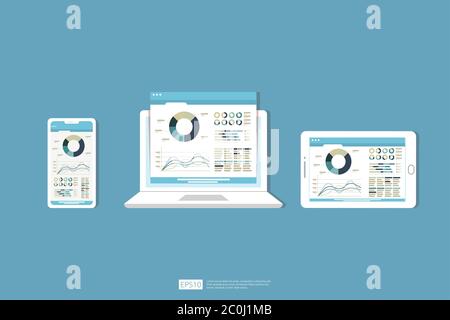 Web statistics analytic charts on Computer screen icon set. Flat vector ...