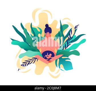 Young white pregnant woman. First trimester of pregnancy. She strokes ...