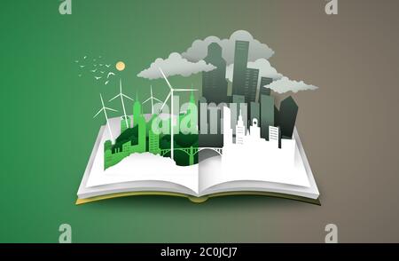 Paper cut open book, tree of knowledge, science and school subjects symbols, vector illustration ...