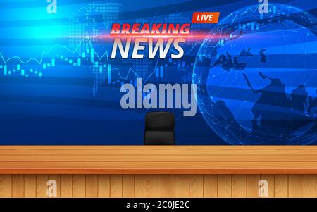 wooden table and breaking news on lcds background in the news studio ...
