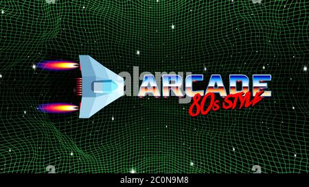 Arcade space ship flying over the road with 3D buildings, 80s style ...