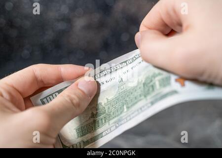 white man hands tear dollars Stock Photo - Alamy