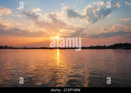 Sunset at the Keshi Ghat on Yamuna river in Vrindavan city in Uttar ...