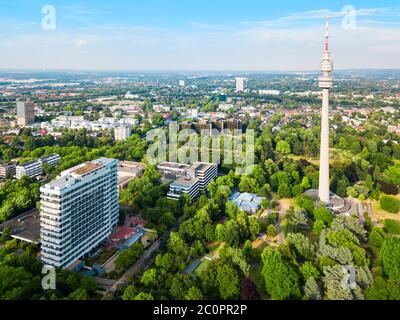 Aerial view cityscape Florianturm or Florian Tower telecommunications ...