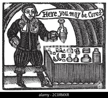'Here you may be cured!' - a 17th century quack doctor stands beside ...