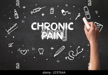 Hand drawing CHRONIC PAIN inscription with white chalk on blackboard ...