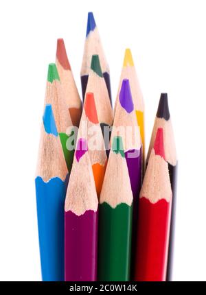 Many different colored pencils on a grey wooden background Stock Photo ...