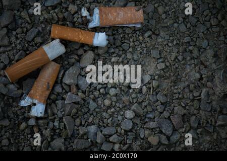 Four used cigarettes littering the ground Stock Photo - Alamy