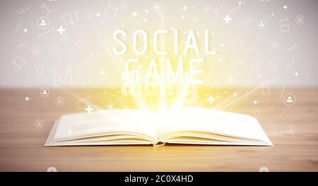 Open book with SOCIAL GAME inscription, social media concept Stock ...