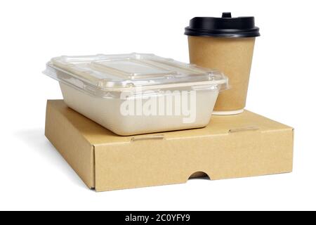 Lunch boxes and coffee on white wooden background. Food delivery, top ...