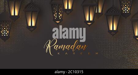 Ramadan Kareem Horizontal banner with golden ramadan calligraphy. 3d ...