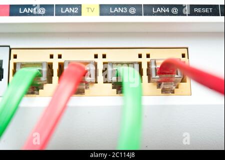 The sockets on the back of a broadband ethernet router Stock Photo - Alamy