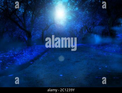 Abstract blue apple trees in the night park background Stock Photo - Alamy