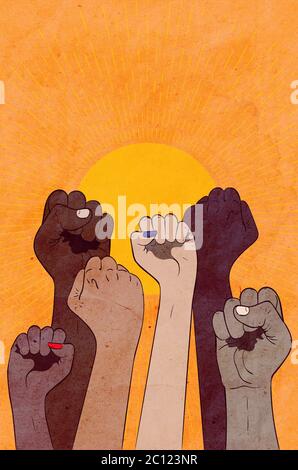 Protest concept banner, raised up fists in different skin color ...