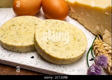 Yellow cheese based vegetarian burgers, meat free healthy food close up ...