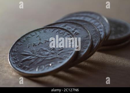 French Franc coin, currency of France prior the Euro Stock Photo - Alamy