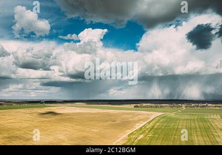 Elevated View Dramatic Sky With Fluffy Clouds On Horizon Above Rural ...
