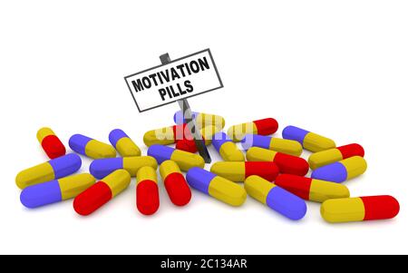 Motivation pills concept with pills isolated on white background. 3D ...