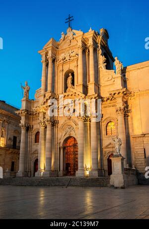 Cathedral of Syracuse at night, ancient Catholic church in Ortigia ...