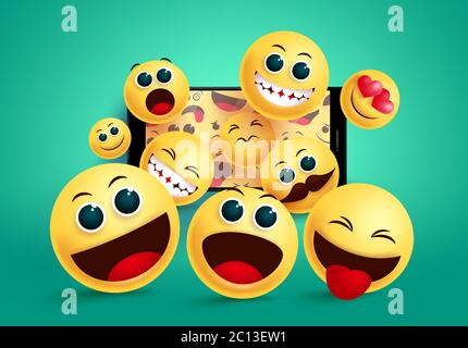 Emoji smileys in mobile phone vector concept. Smiley emojis yellow face ...